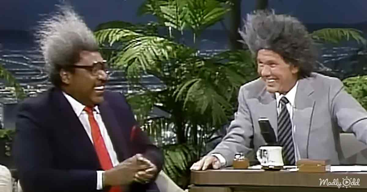Johnny Carson gets his hair done for guest Don King