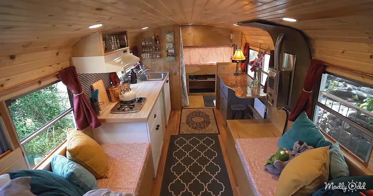 Woman converts junkyard school bus into a tiny house on wheels for $35K