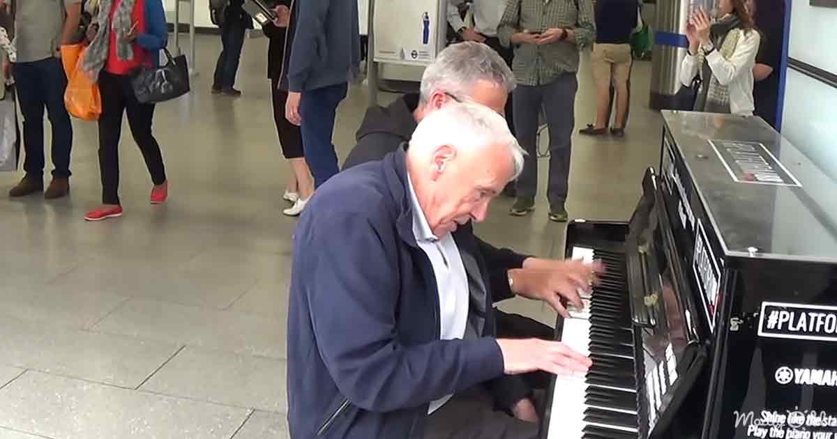 Senior man plays piano and gets a secret visit from boogie-woogie master