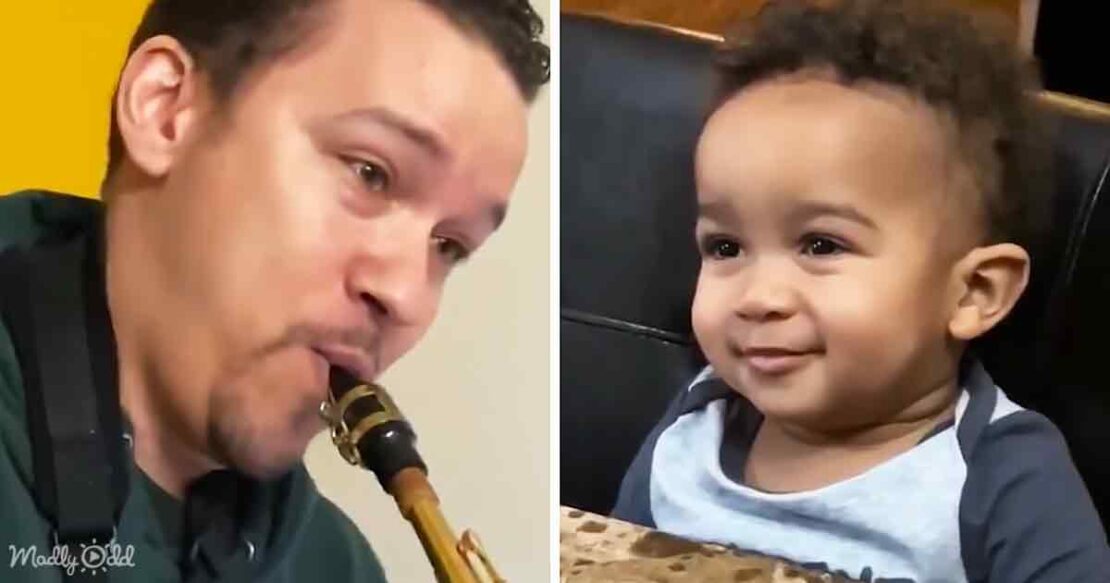 Baby has the cutest expression watching his grandpa playing the ...